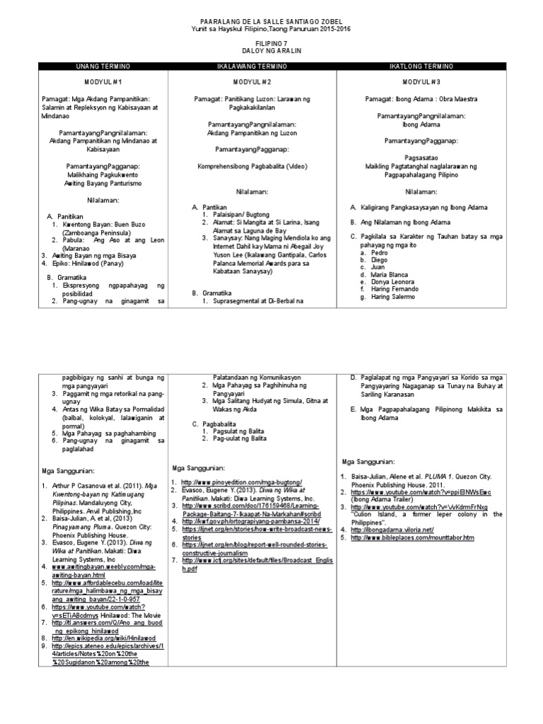 Filipino7 Course Outline Ay 2015-2016 A 1 | PDF