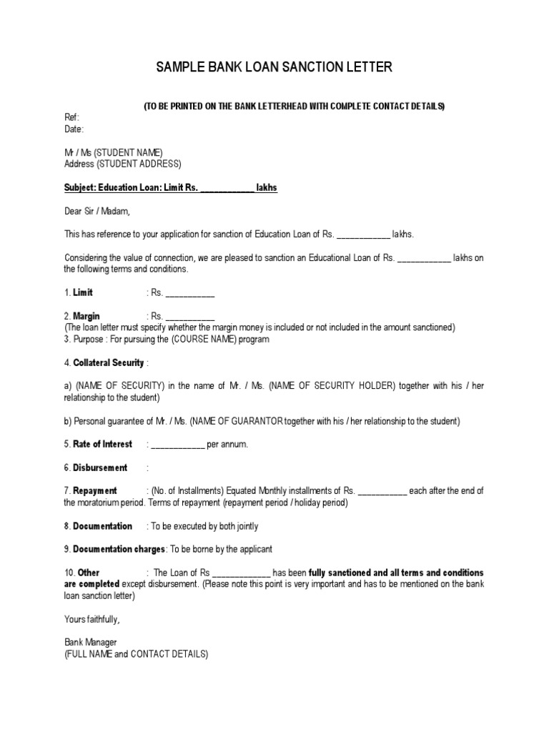 Sample Bank Loan Sanction Letter: Subject: Education Loan: Limit Rs ...