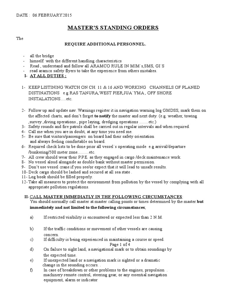 Master'S Standing Orders: Require Additional Personnel | PDF