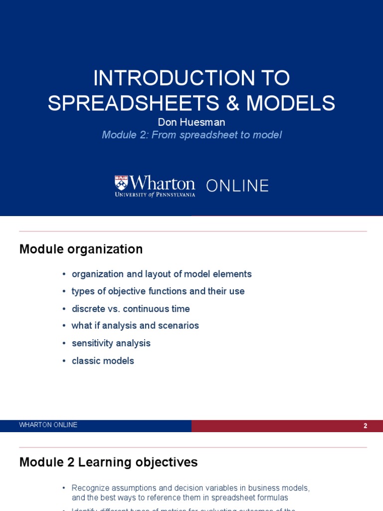 Module 2 Introduction To Spreadsheets - Models PDF | PDF | Sensitivity Analysis | Spreadsheet