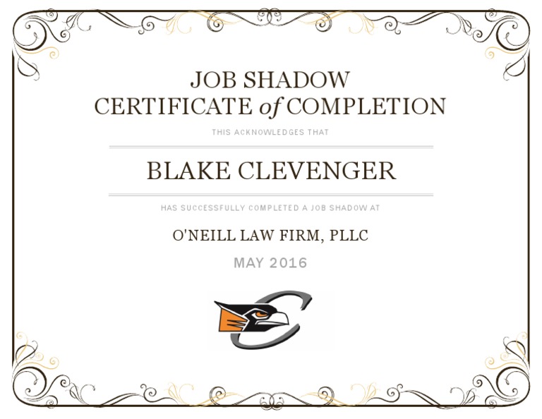 Job Shadowing Certificate: Blake Clevenger | PDF | Law