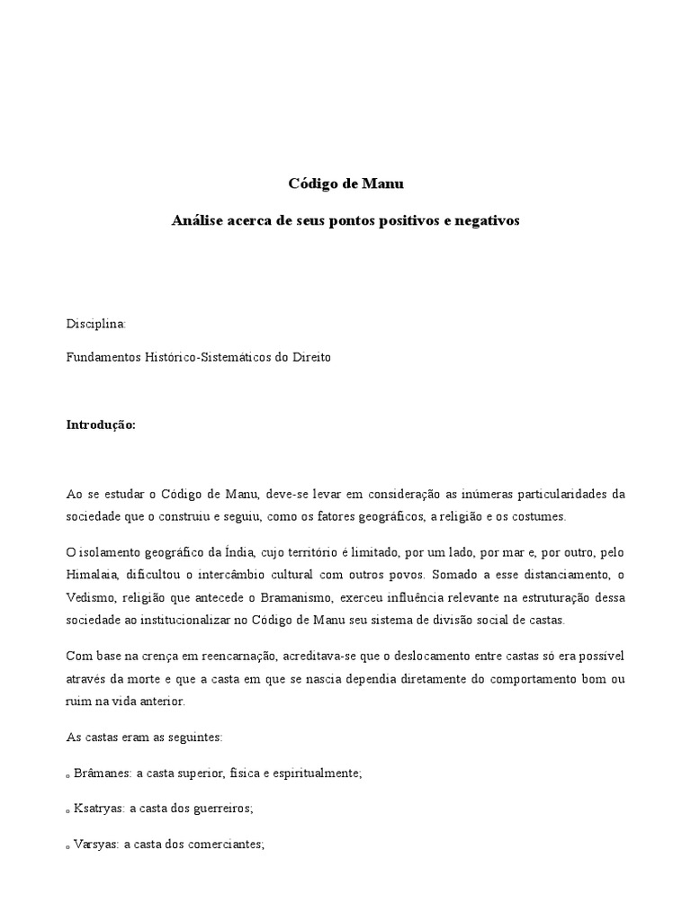 Código de Manu - Análise Acerca de Seus Pontos Positivos e Negativos ...