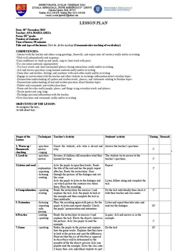 III Unit 4a at The Toyshop | PDF | Lesson Plan | Education Theory