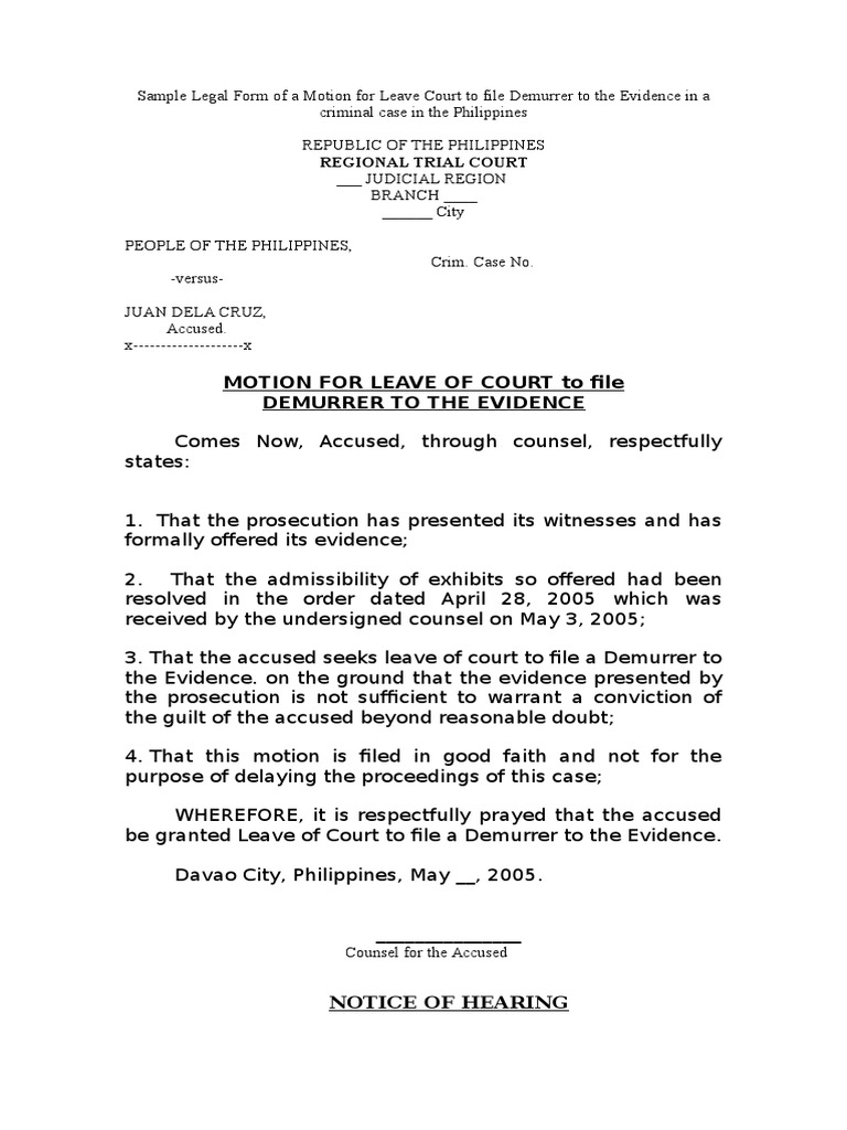 Motion For Leave of Court To File Demurrer To The Evidence | PDF ...