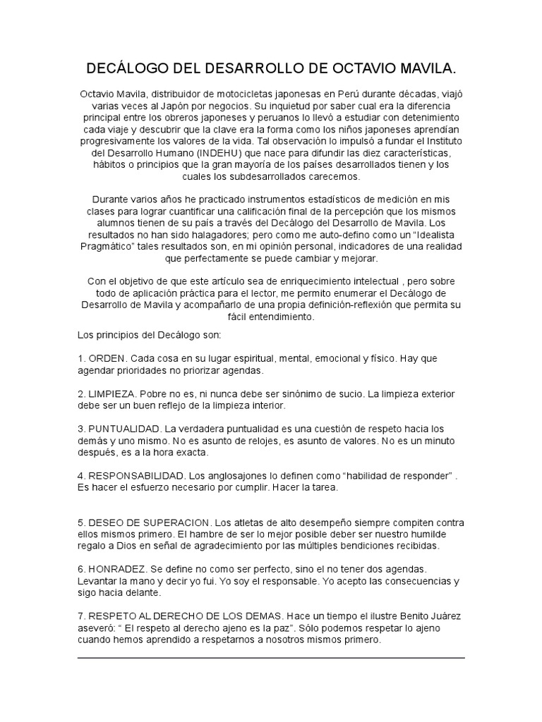 Decálogo Del Desarrollo de Octavio Mavila | PDF | Calidad (comercial ...