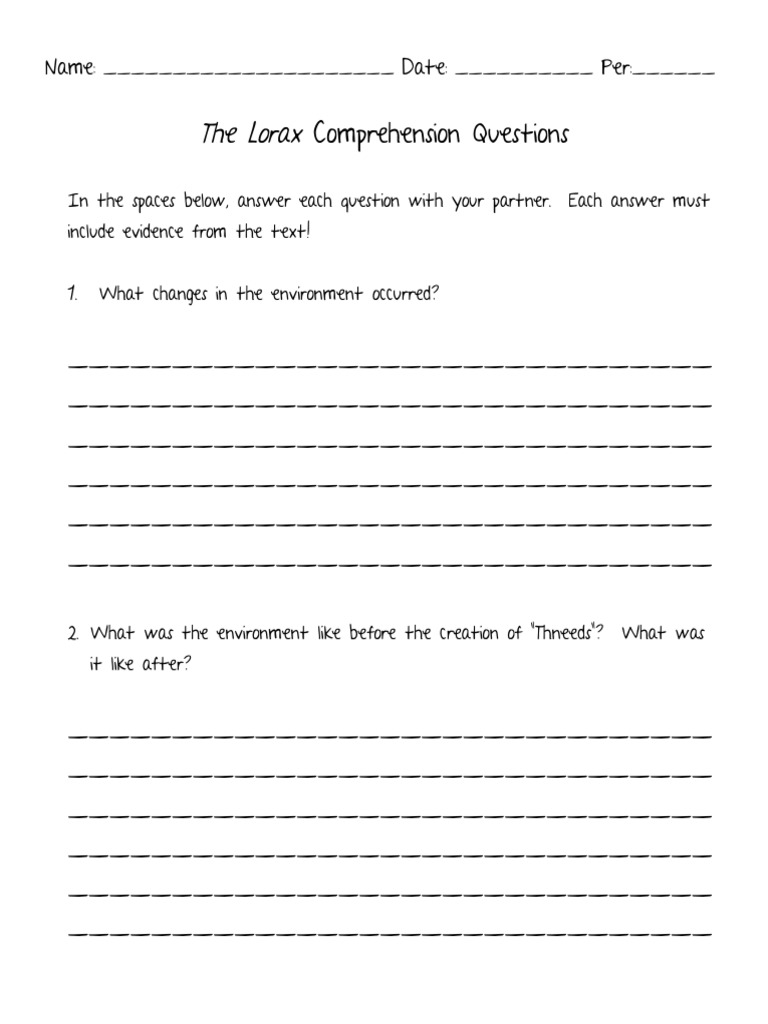 The Lorax Comprehension Questions | PDF | Career & Growth
