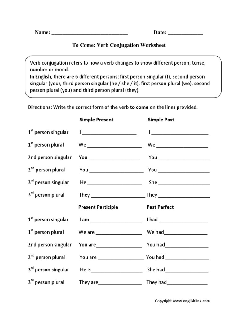 To Come Verb Conjugation Worksheet | PDF