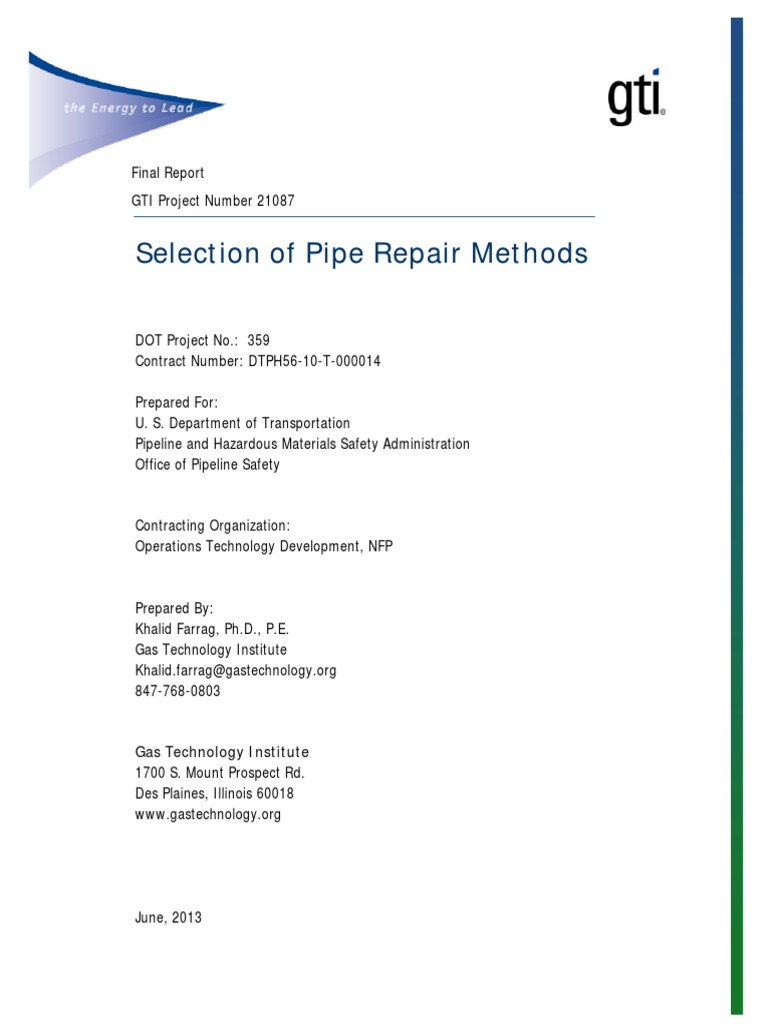 Selection of Pipe Repair Methods DOT Project 359 | PDF | Composite ...