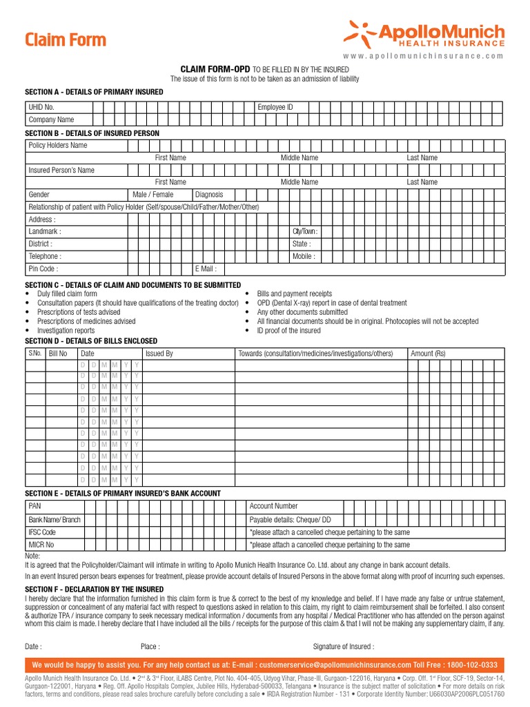 OPD Claim Form | Insurance | Cheque