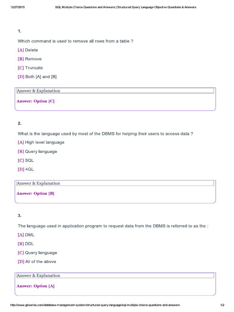 SQL Multiple Choice Questions and Answe... Language Objective Questions & Answers PDF | PDF