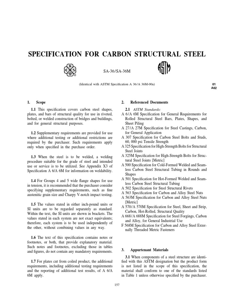 ASTM A 36 - 2001 Specification For Carbon Structural Steel PDF | PDF ...