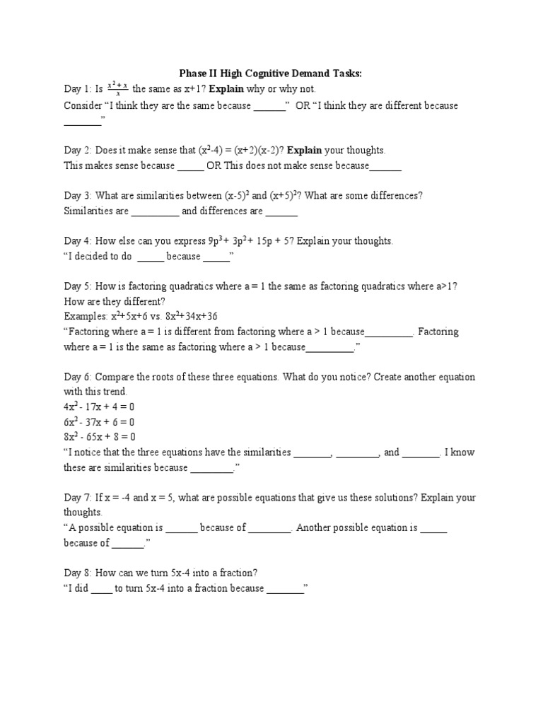 High Cognitive Demand Task Examples | PDF | Career & Growth | Teaching ...