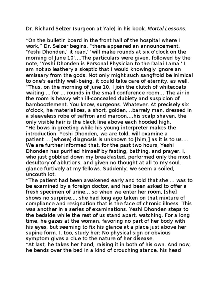 A Short Excerpt From Richard Selzer's "Mortal Lessons" | PDF ...
