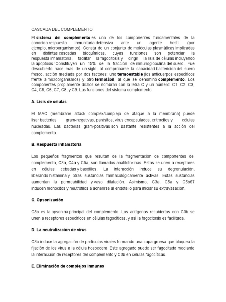 Funciones de la Cascada del Complemento | PDF | Sistema complementario ...