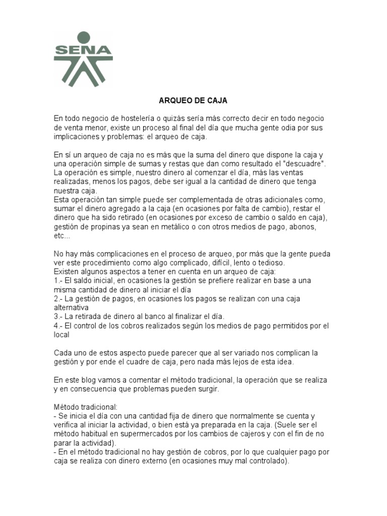 Proceso y Ejemplos de Arqueo de Caja | PDF | Efectivo | Contabilidad