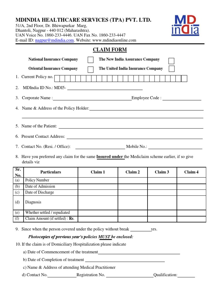 MD India Insurance Claim Form | Hypertension | Hospital