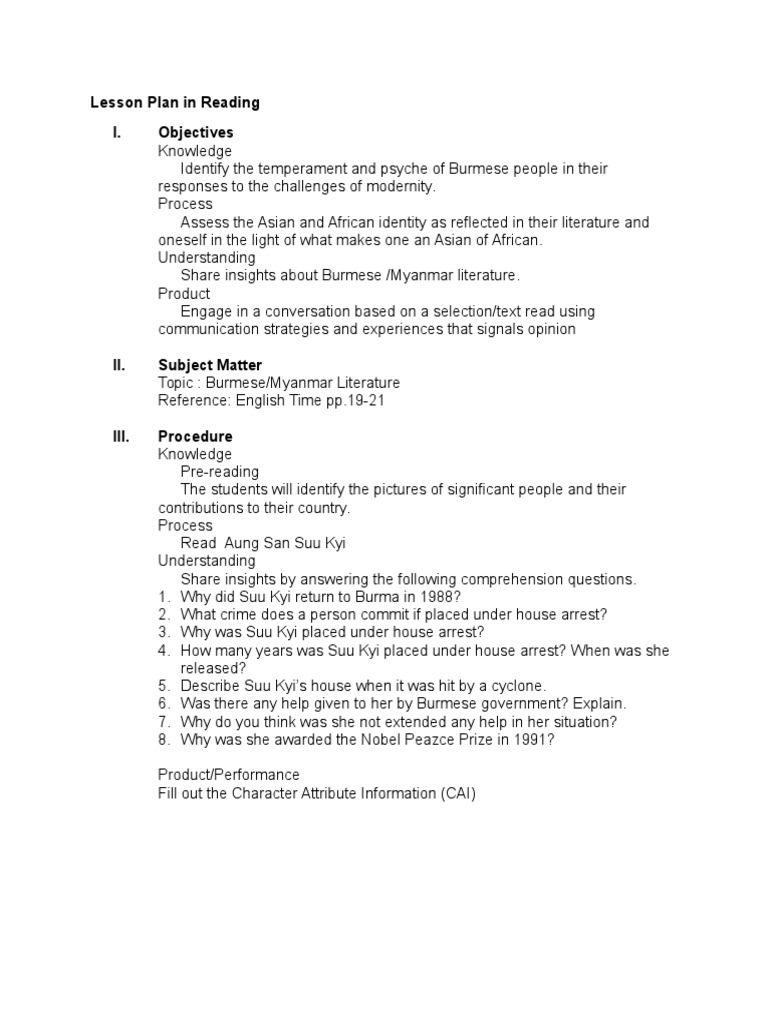 Burmese Literature Lesson Plan | PDF | Lesson Plan | Verb