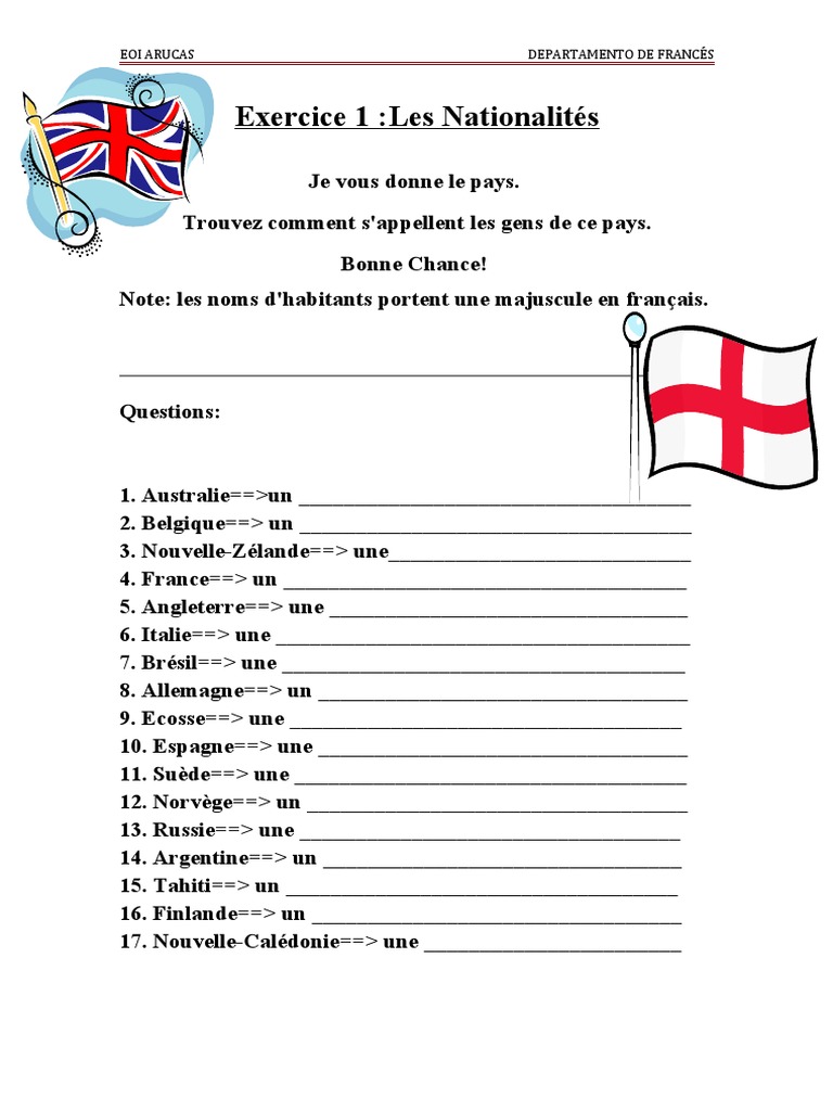 Exercice Écrit Et Oral Les Nationalités | PDF | Bien-être
