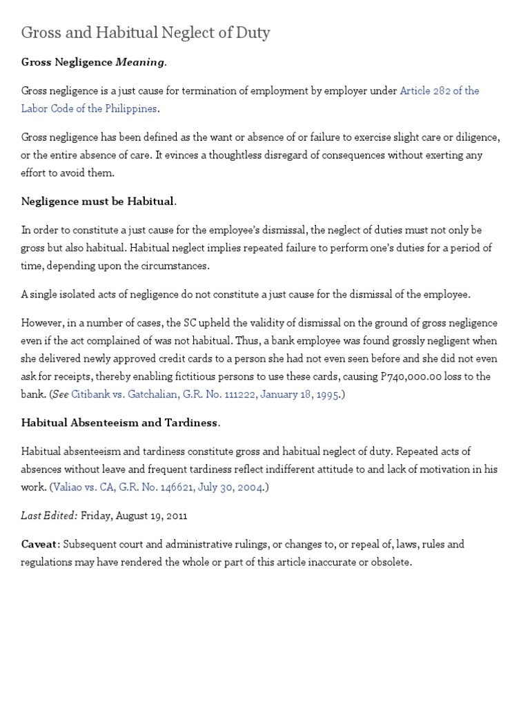 Gross and Habitual Neglect of Duty - Philippine Labor Laws | PDF ...