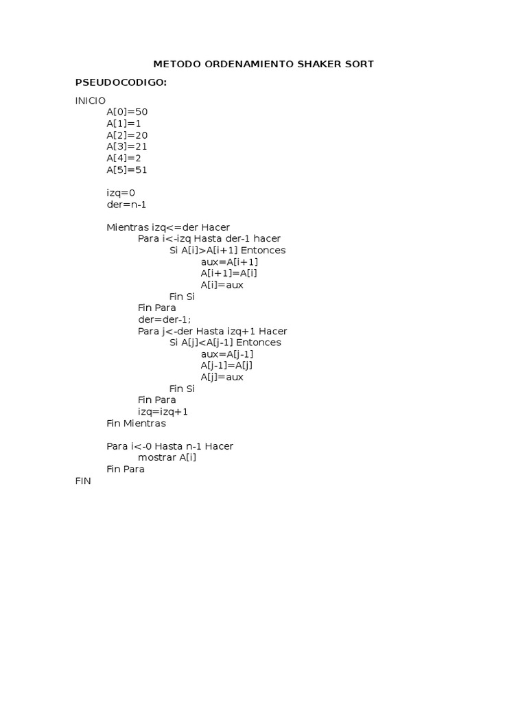 Metodo Ordenamiento Shaker Sort | PDF