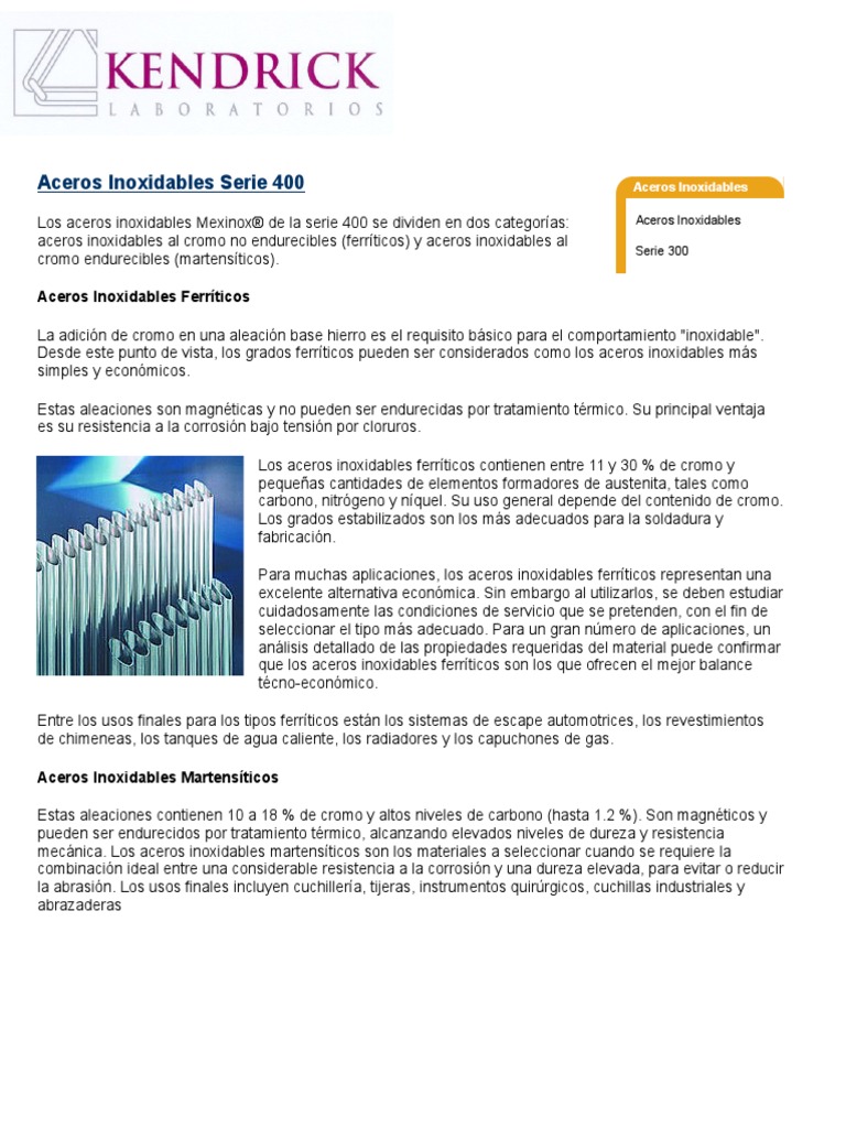 Aceros Inoxidables Serie 400 | PDF | Acero inoxidable | Conjuntos de ...