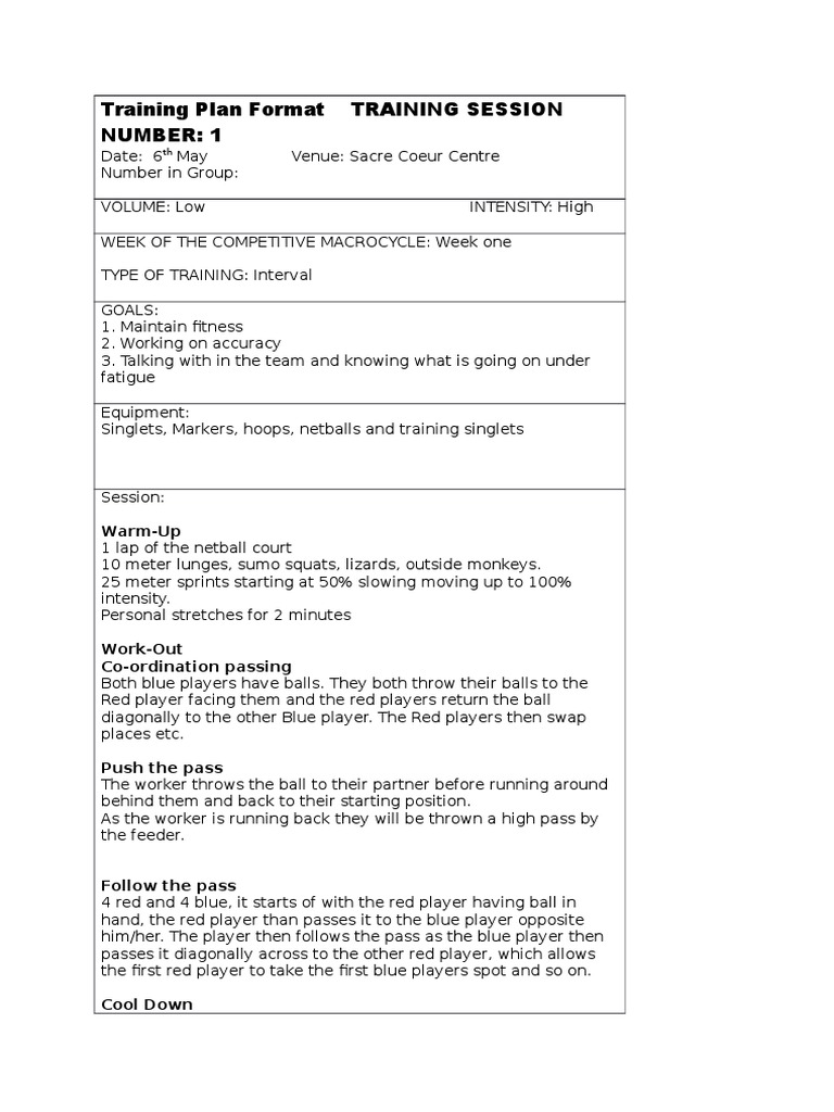 Netball Training Session Plan: Week 1 | PDF