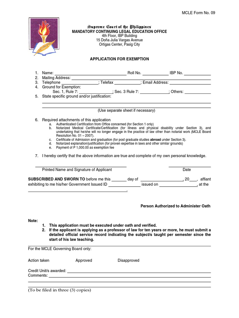 MCLE Exemption Application Form | PDF | Finance & Money Management | Law