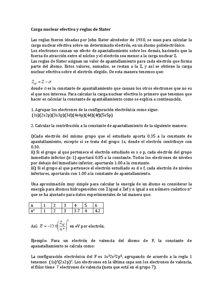 Carga Nuclear Efectiva y Reglas de Slater | PDF | Electrón | Átomos