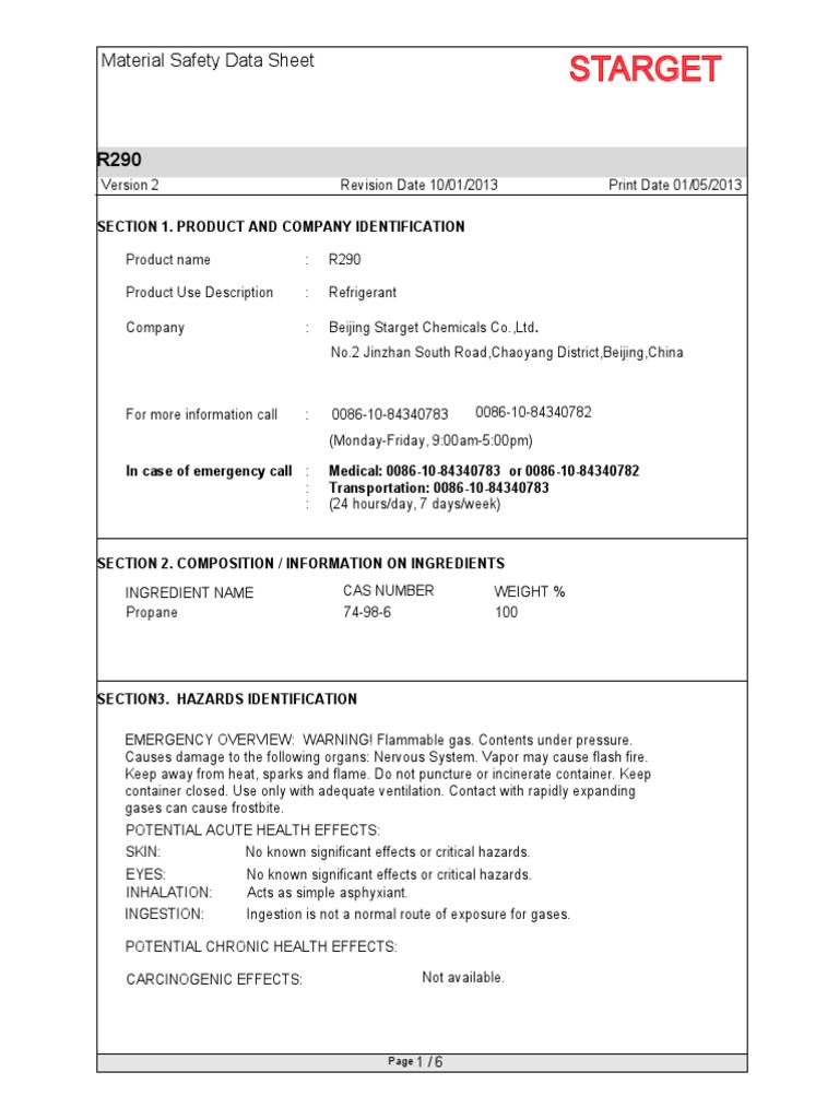 R290 MSDS | PDF | Toxicity | Carbon Dioxide