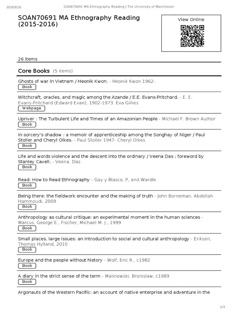 Ethnography Reading List for MA Students | PDF | Anthropology | Ethnography