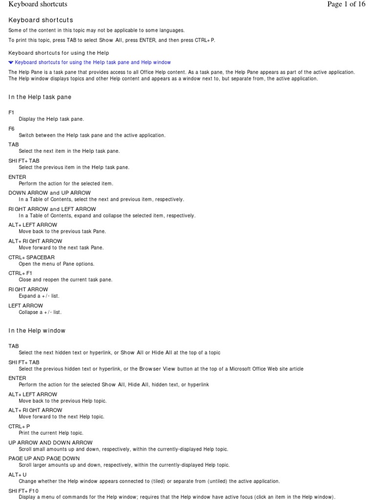 Keyboard Shortcuts: in The Help Task Pane | PDF | Menu (Computing ...