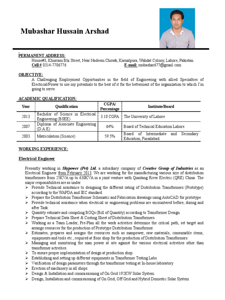Mubashar CV | PDF | Electrical Substation | Electric Power Transmission