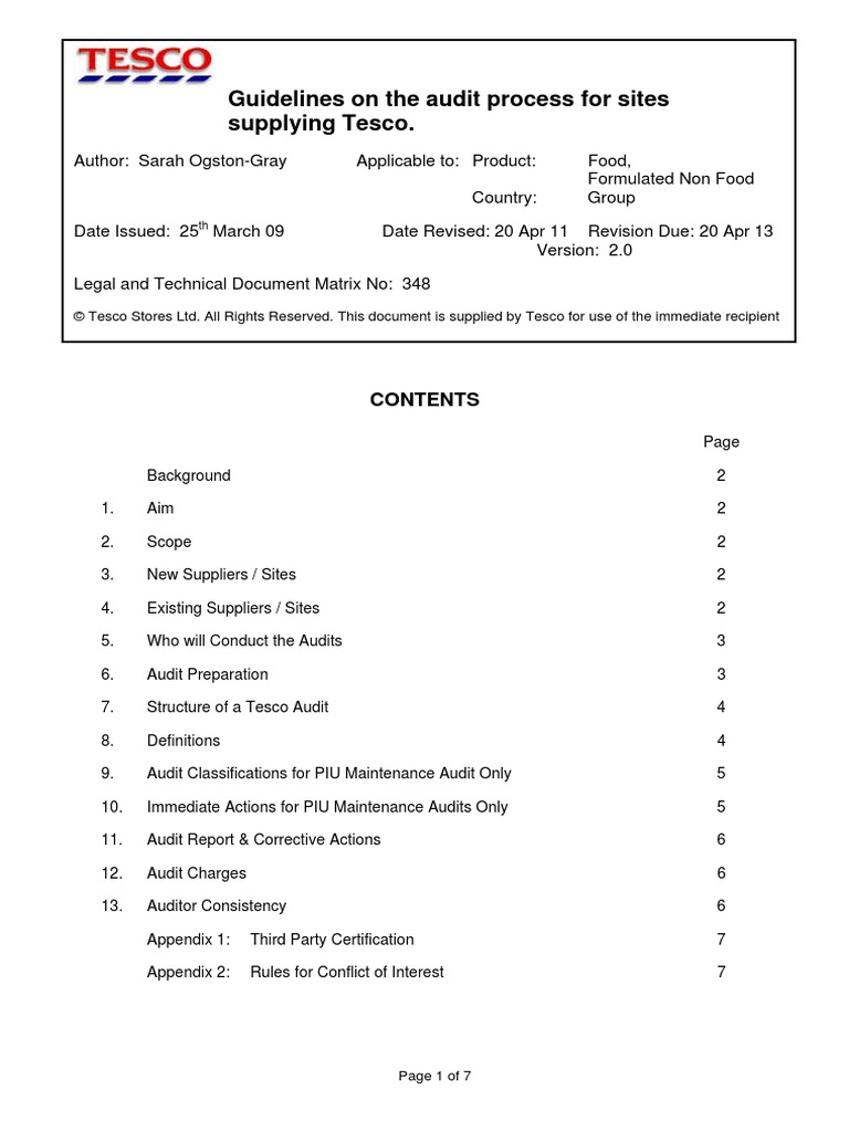Tesco PIU Guidelines On The Audit Process For Sites Supplying Tesco ...