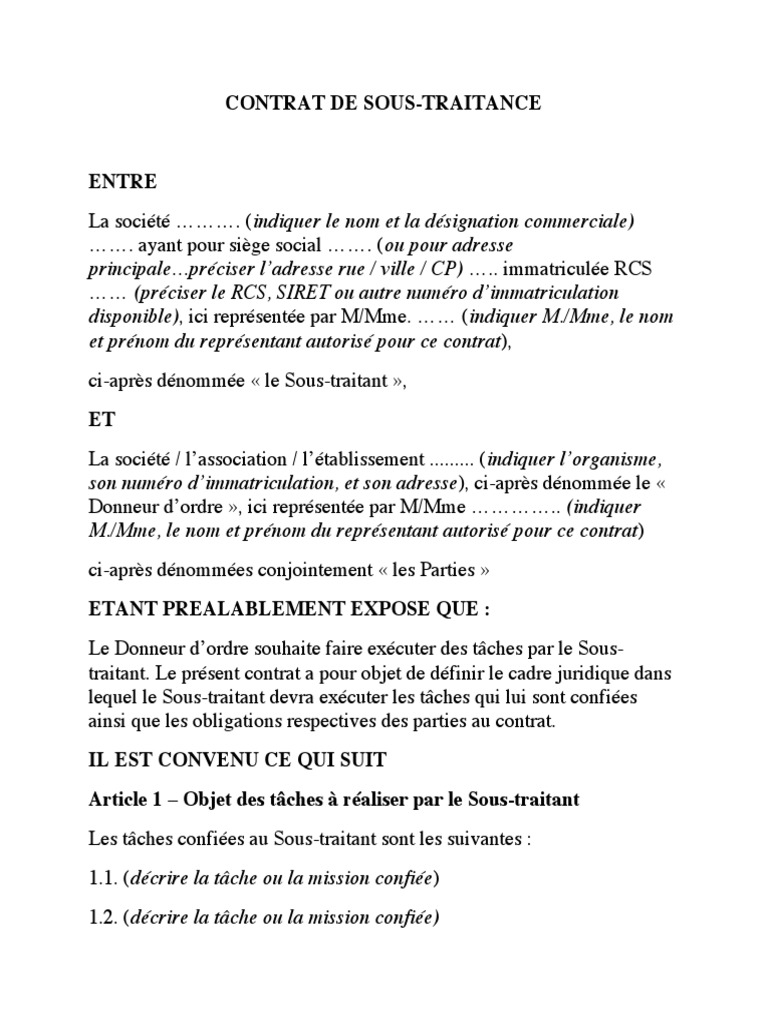 Contrat de Sous Traitance Générique | PDF | Don d'organe | Droit des obligations