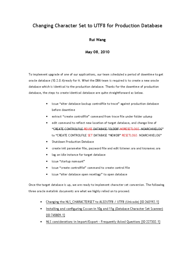 Changing Character Set To UTF8 For Production Database | PDF | Oracle Database | Pl/Sql