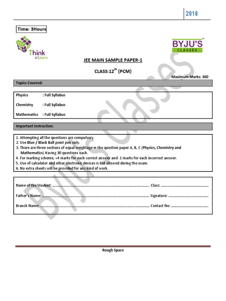 Byju Jee Mains Sample Paper 1questions | PDF | Lens (Optics) | Inductor