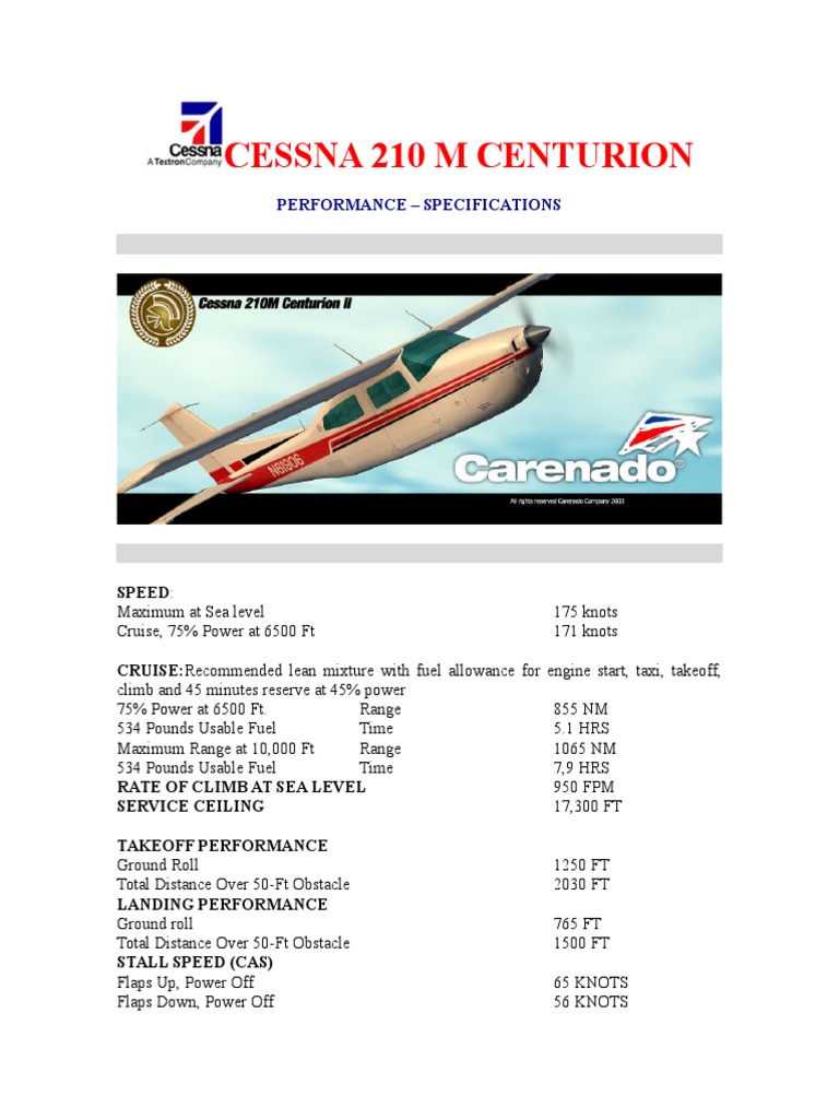 CESSNA 210 M SPECIFICATIONS.doc | Takeoff | Flap (Aeronautics)