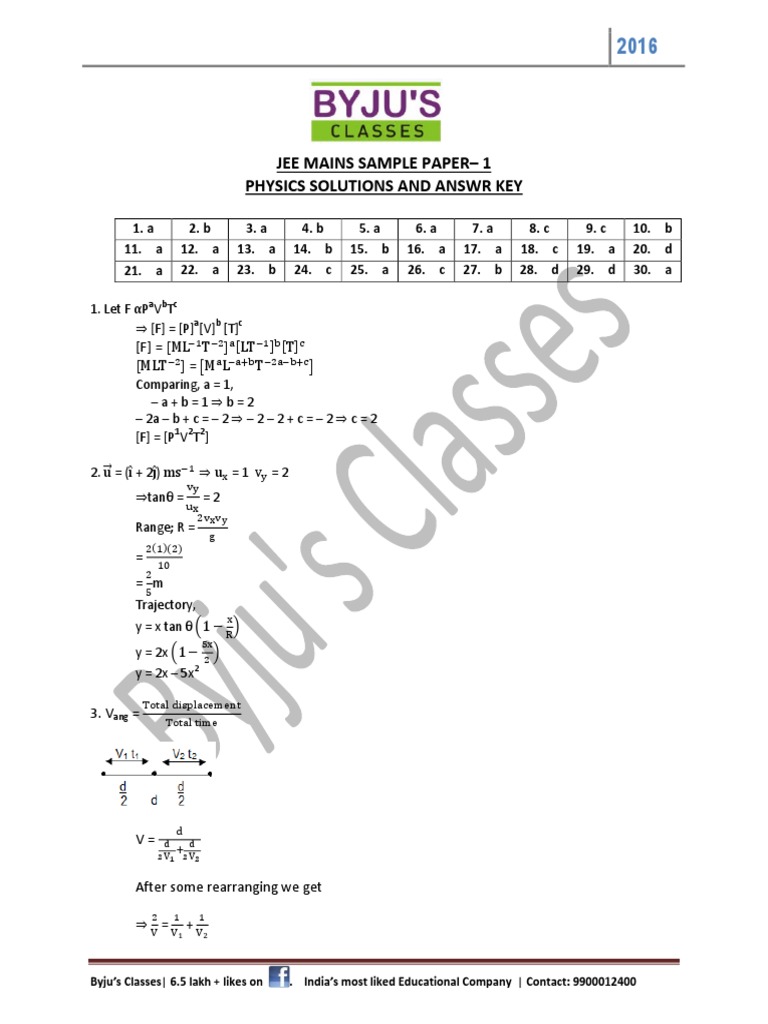 Byju Jee Mains Sample Paper 1key and Solutions | PDF | Hydrogen | Neutron