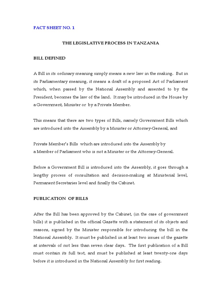 The Legislative Process in Tanzania Bill Defined: Fact Sheet No. 1 ...