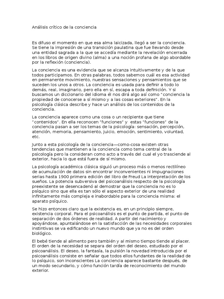 Análisis Crítico de La Conciencia | PDF | Psicoanálisis | Mente ...