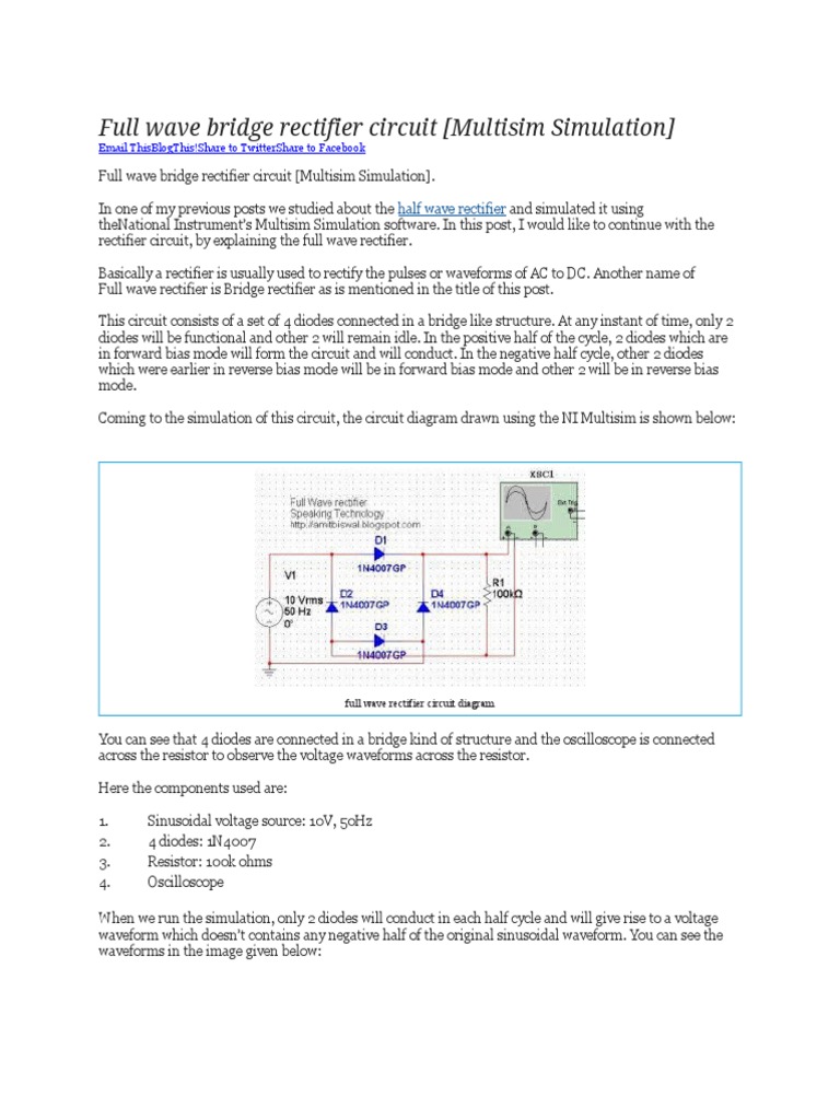 Full Wave Bridge Rectifier Circuit Multisim Simulation | PDF ...