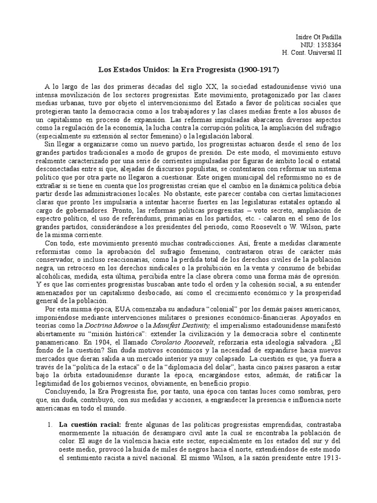 Los EUA - La Era Progresista - Resumen. Isidro Ot | PDF | Progresismo ...