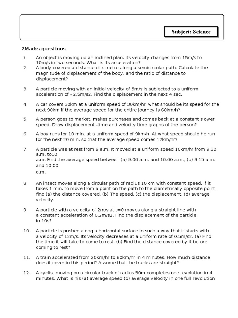 Motion Test Paper classs 9th | Acceleration | Speed