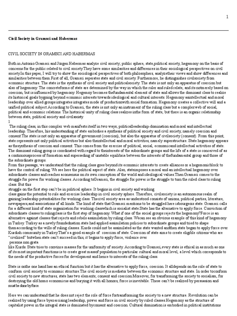 Comparing Gramsci and Habermas' Conceptualizations of Civil Society: A Focus on Hegemony, the ...