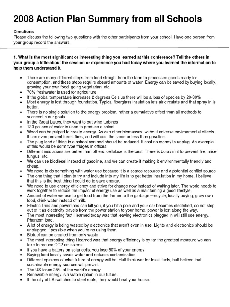 2008 Action Plan Summary From All Schools | PDF