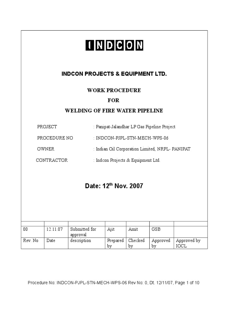 06 Fire Water Piping Welding Procedure | PDF | Welding | Construction