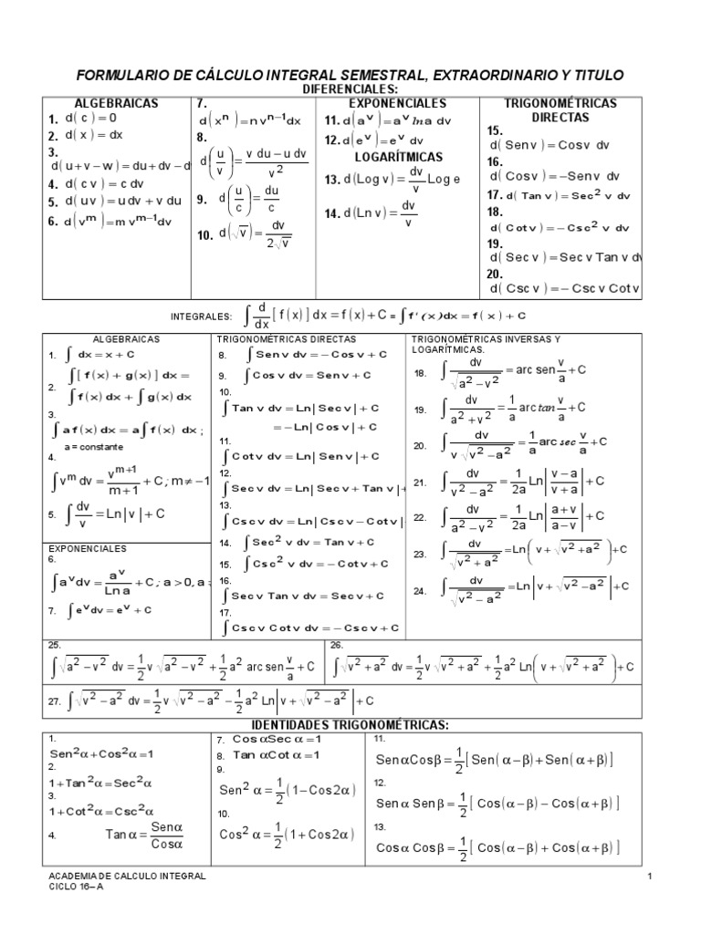 Formulario Calculo Integral Extraordinario - Titulo16a | Descargar gratis PDF | Logaritmo ...