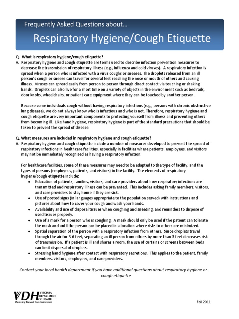 Respiratory Hygiene Cough Etiquette | PDF | Hygiene | Transmission ...
