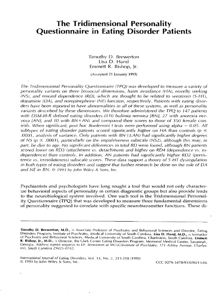 The Tridimensional Personality Questionnaire in Eating Disorder ...