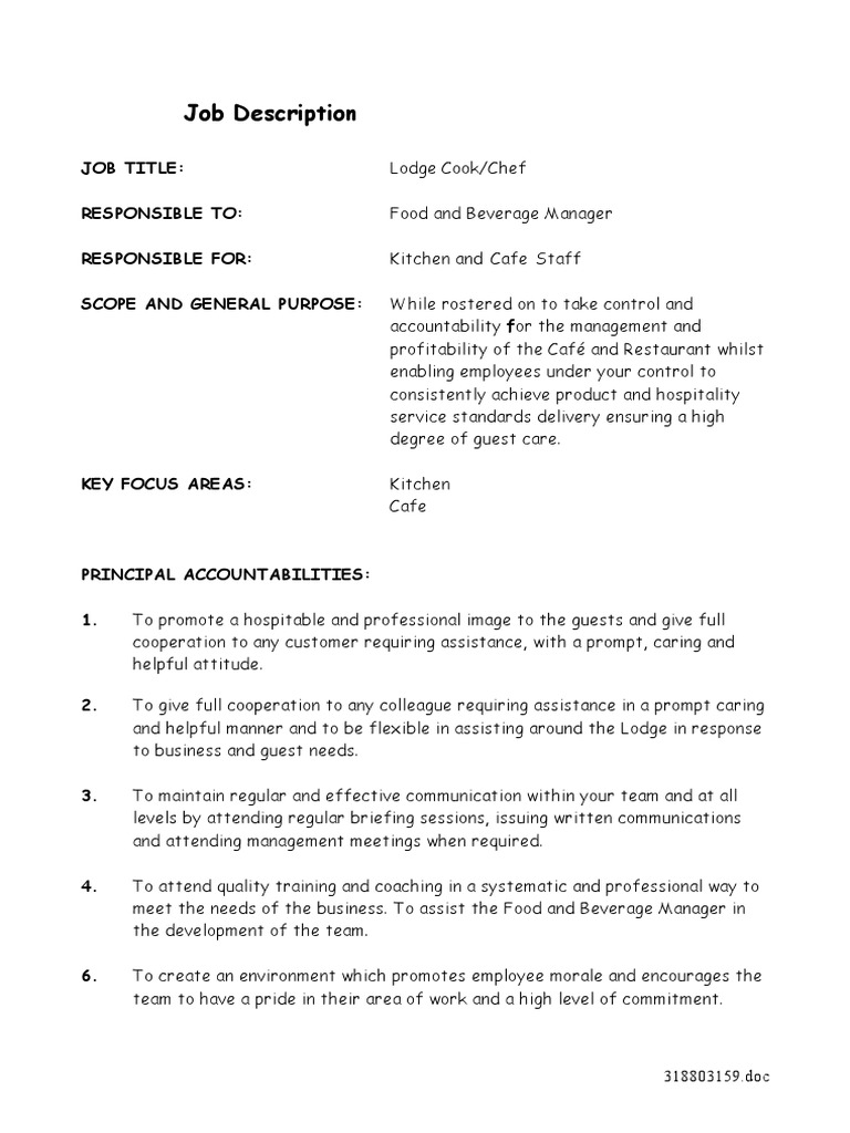 Cook Chef Job Description | PDF | Chef | Restaurants